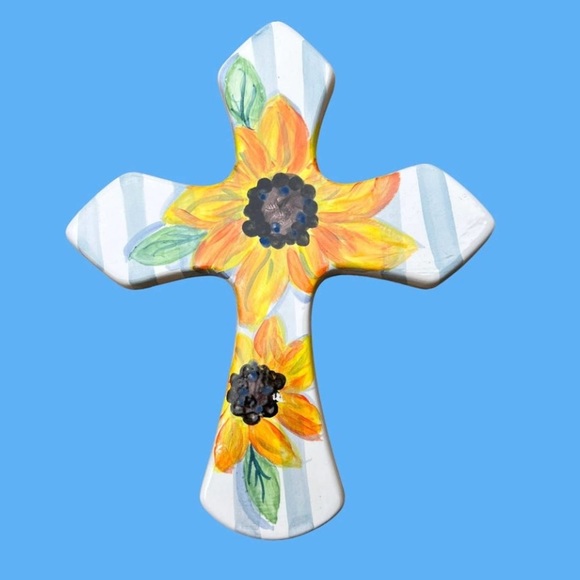 Hand Crafted | Accents | Sunflower Ceramic Cross Blue White Ceramic ...